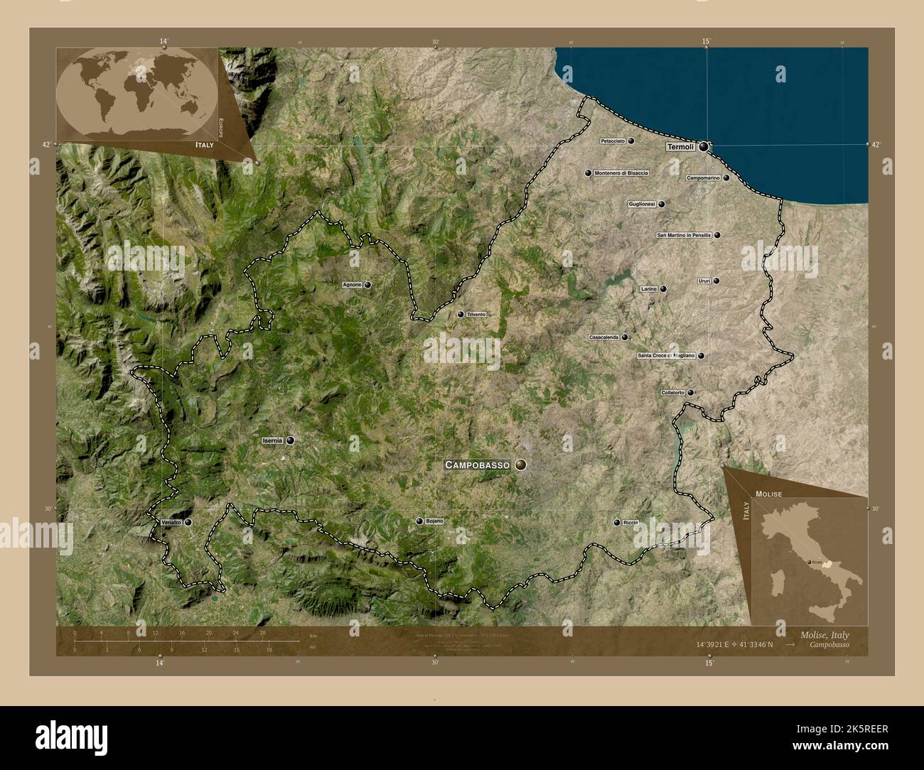 Molise, region of Italy. Low resolution satellite map. Locations and ...