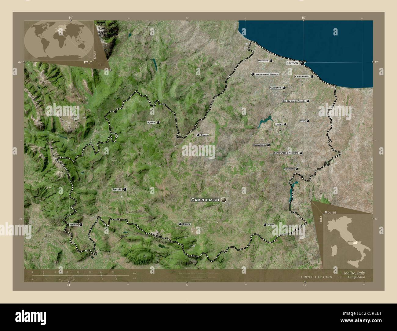 Molise, region of Italy. High resolution satellite map. Locations and ...