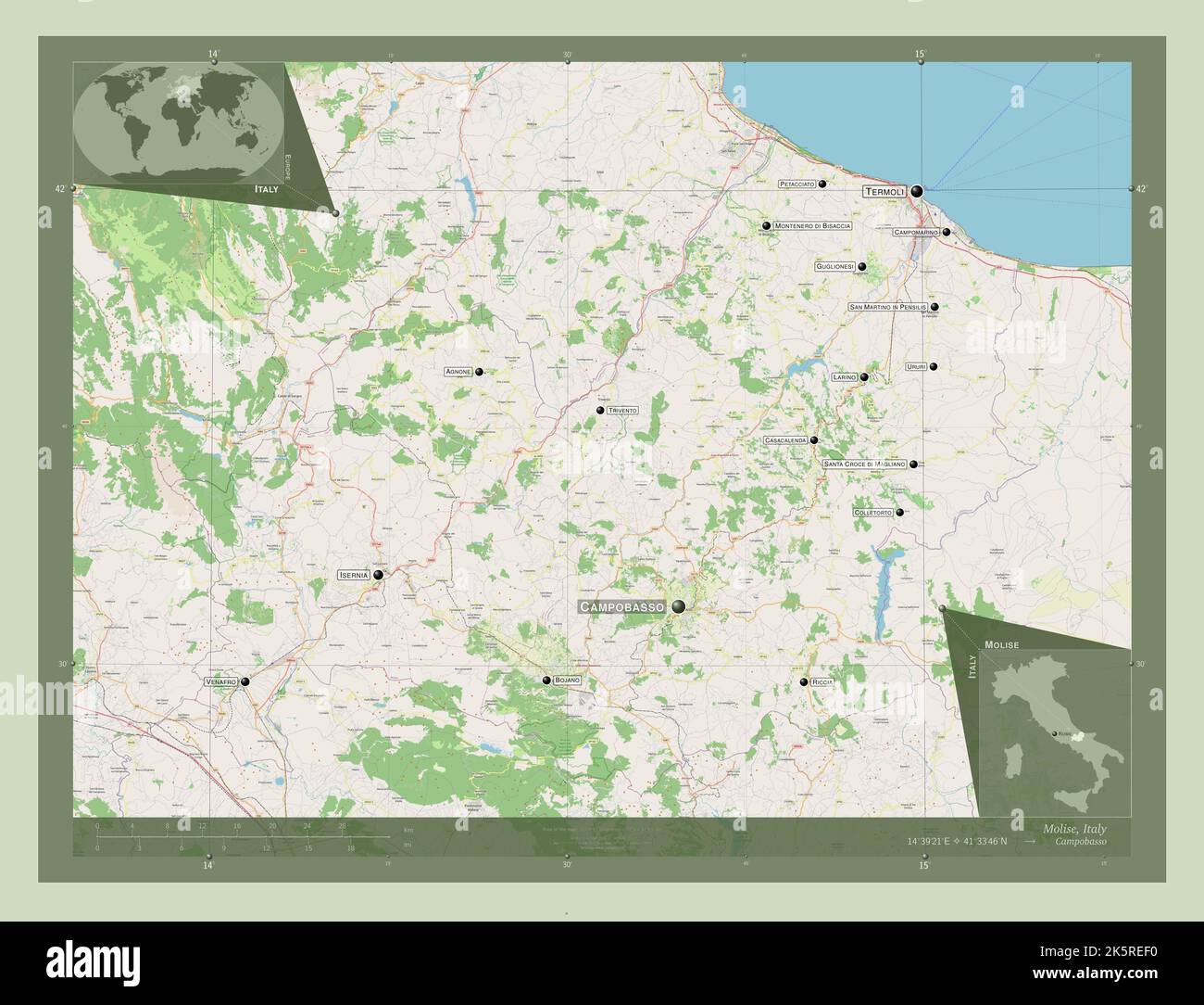 Molise, region of Italy. Open Street Map. Locations and names of major ...