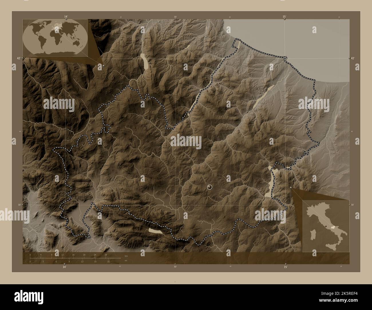 Molise, region of Italy. Elevation map colored in sepia tones with ...