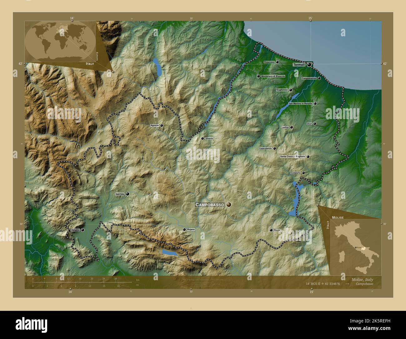 Molise, region of Italy. Colored elevation map with lakes and rivers ...
