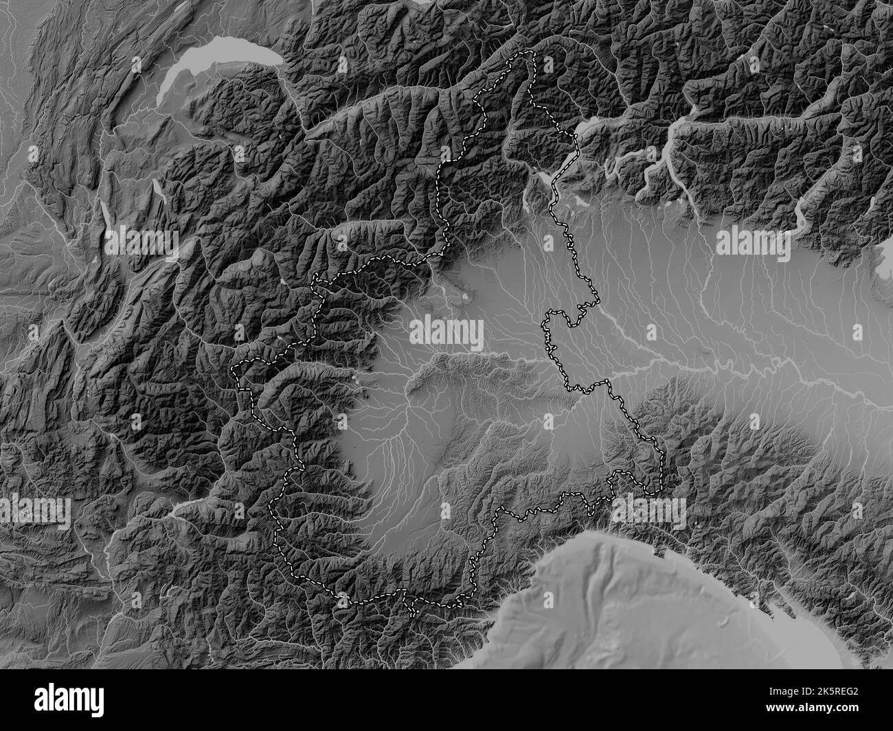 Piemonte, region of Italy. Grayscale elevation map with lakes and ...