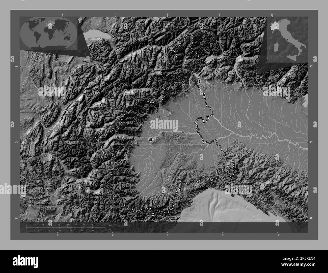 Piemonte, region of Italy. Bilevel elevation map with lakes and rivers ...