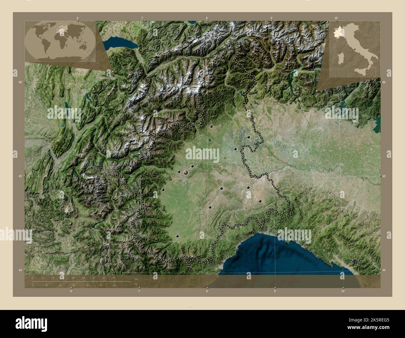 Piemonte, region of Italy. High resolution satellite map. Locations of ...