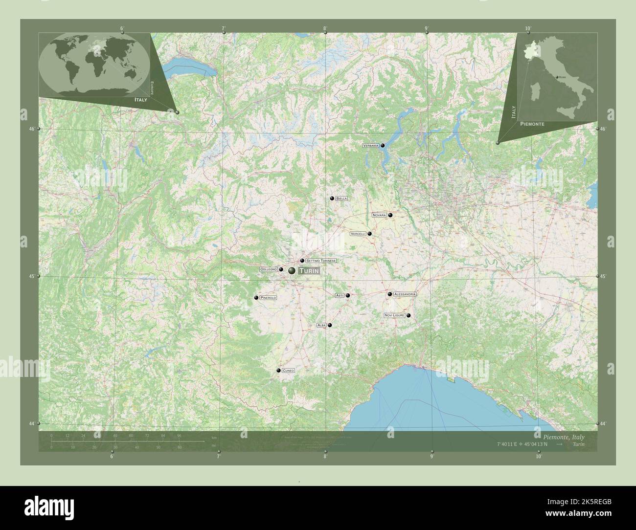 Piemonte, region of Italy. Open Street Map. Locations and names of ...