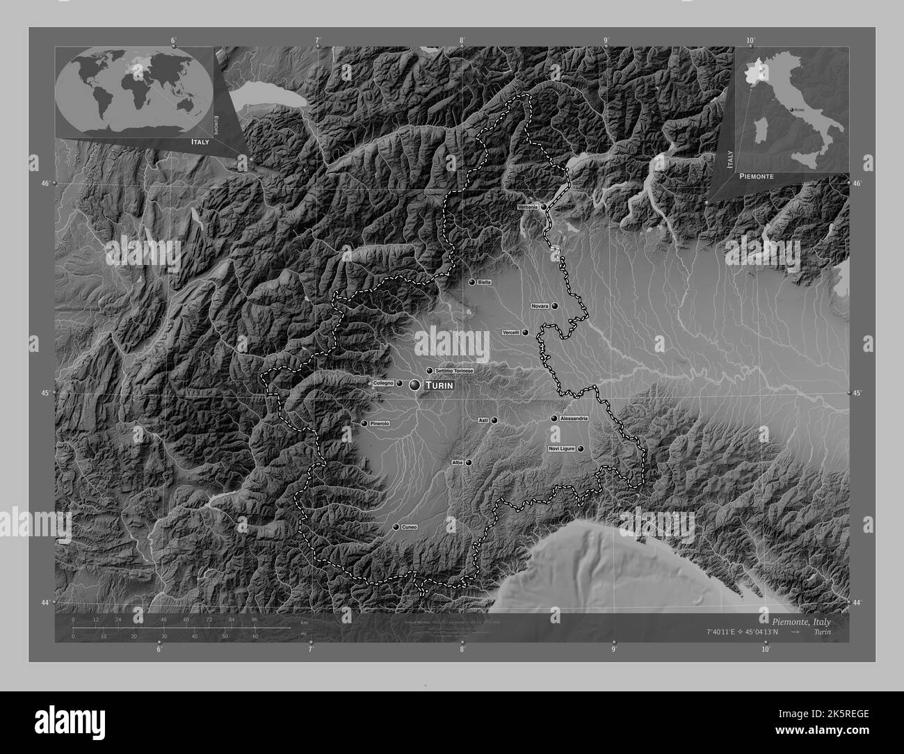 Piemonte, region of Italy. Grayscale elevation map with lakes and ...