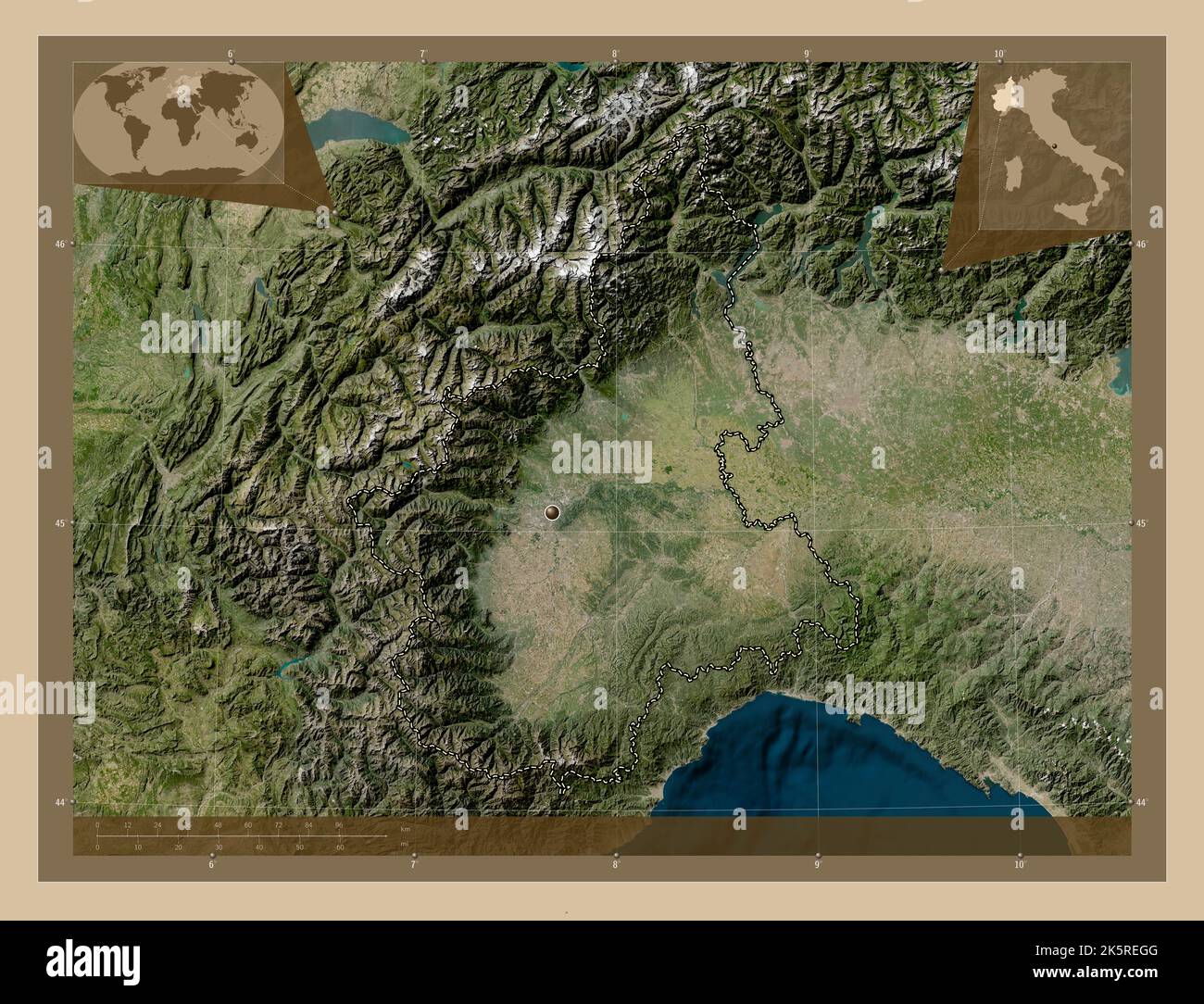 Piemonte, region of Italy. Low resolution satellite map. Corner ...