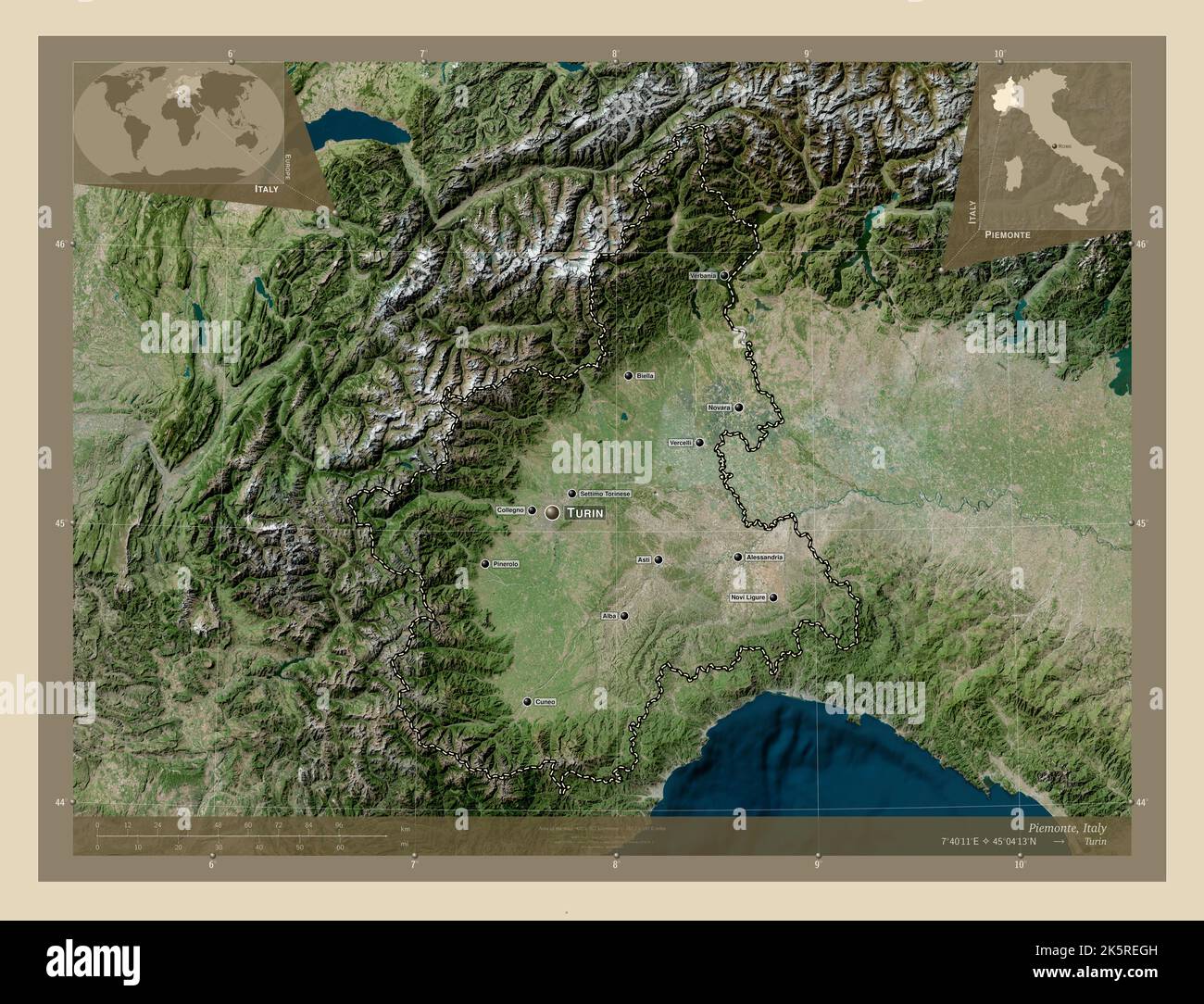 Piemonte, region of Italy. High resolution satellite map. Locations and ...