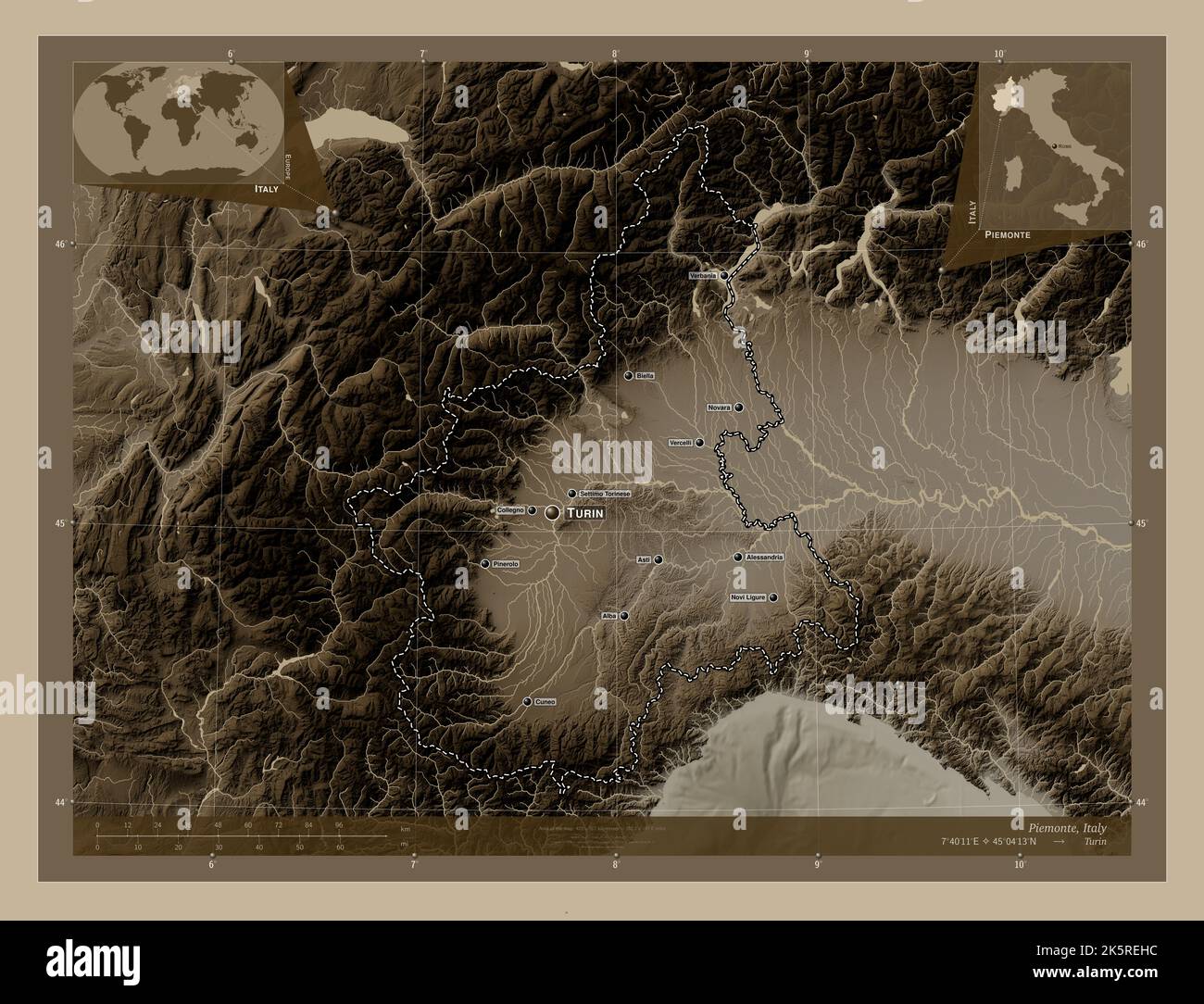 Piemonte, region of Italy. Elevation map colored in sepia tones with ...
