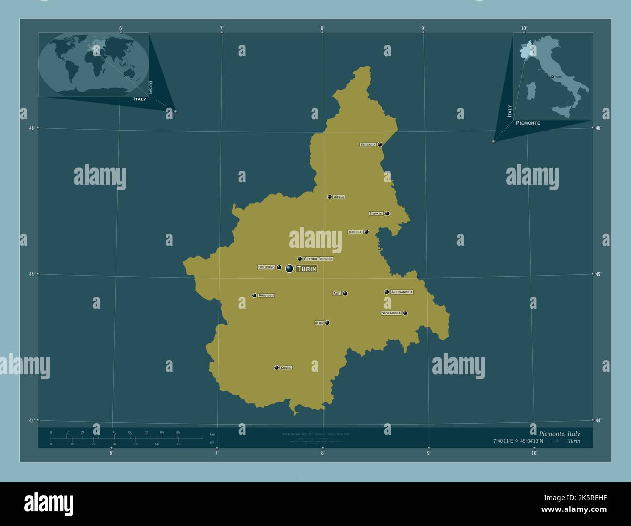 Piemonte, region of Italy. Solid color shape. Locations and names of ...