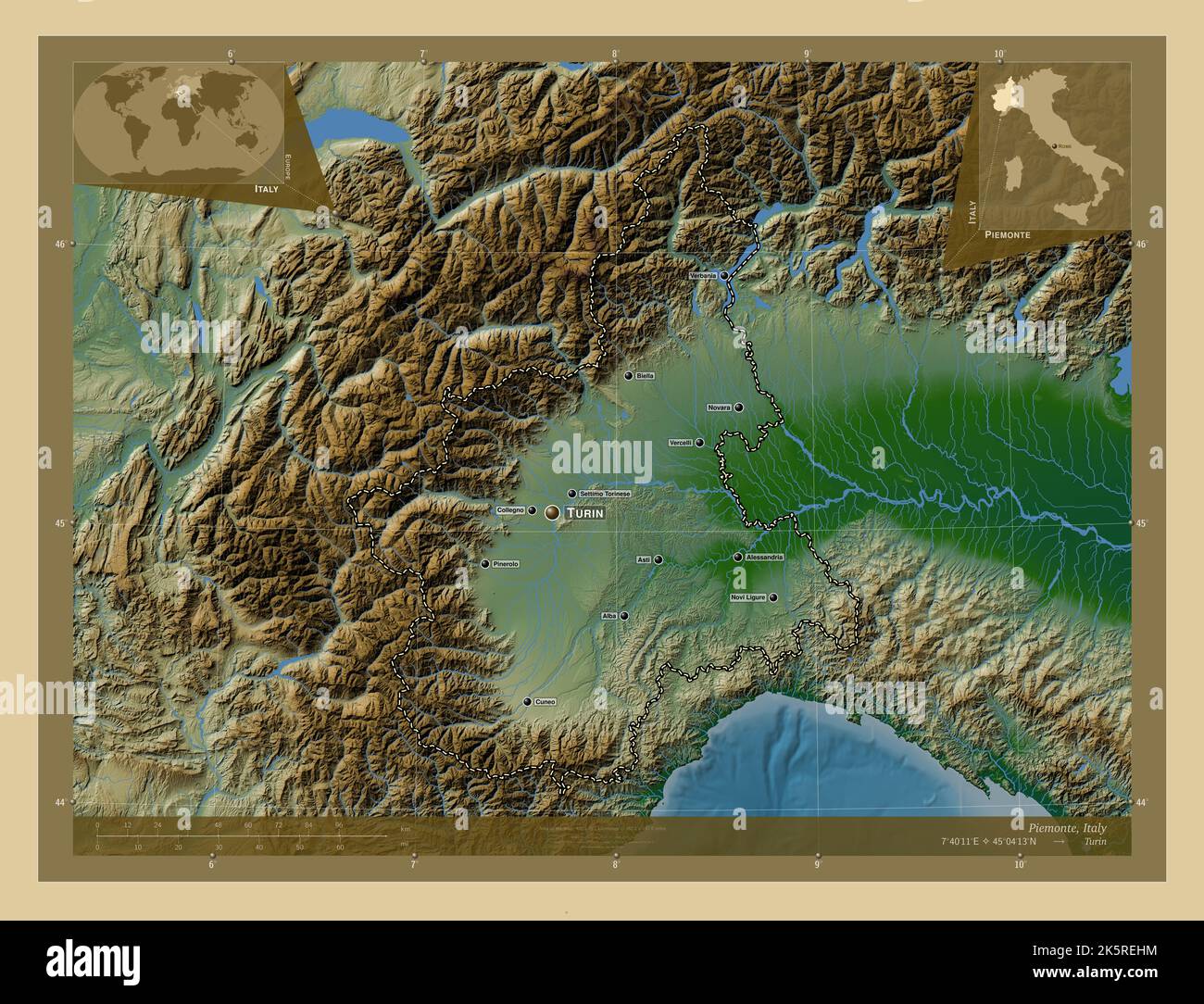 Piemonte, region of Italy. Colored elevation map with lakes and rivers ...