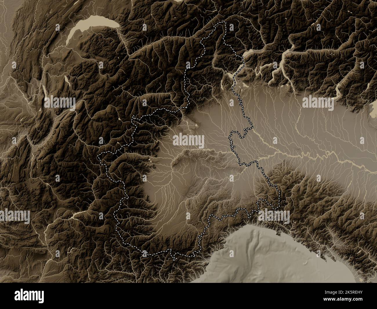 Piemonte, region of Italy. Elevation map colored in sepia tones with ...
