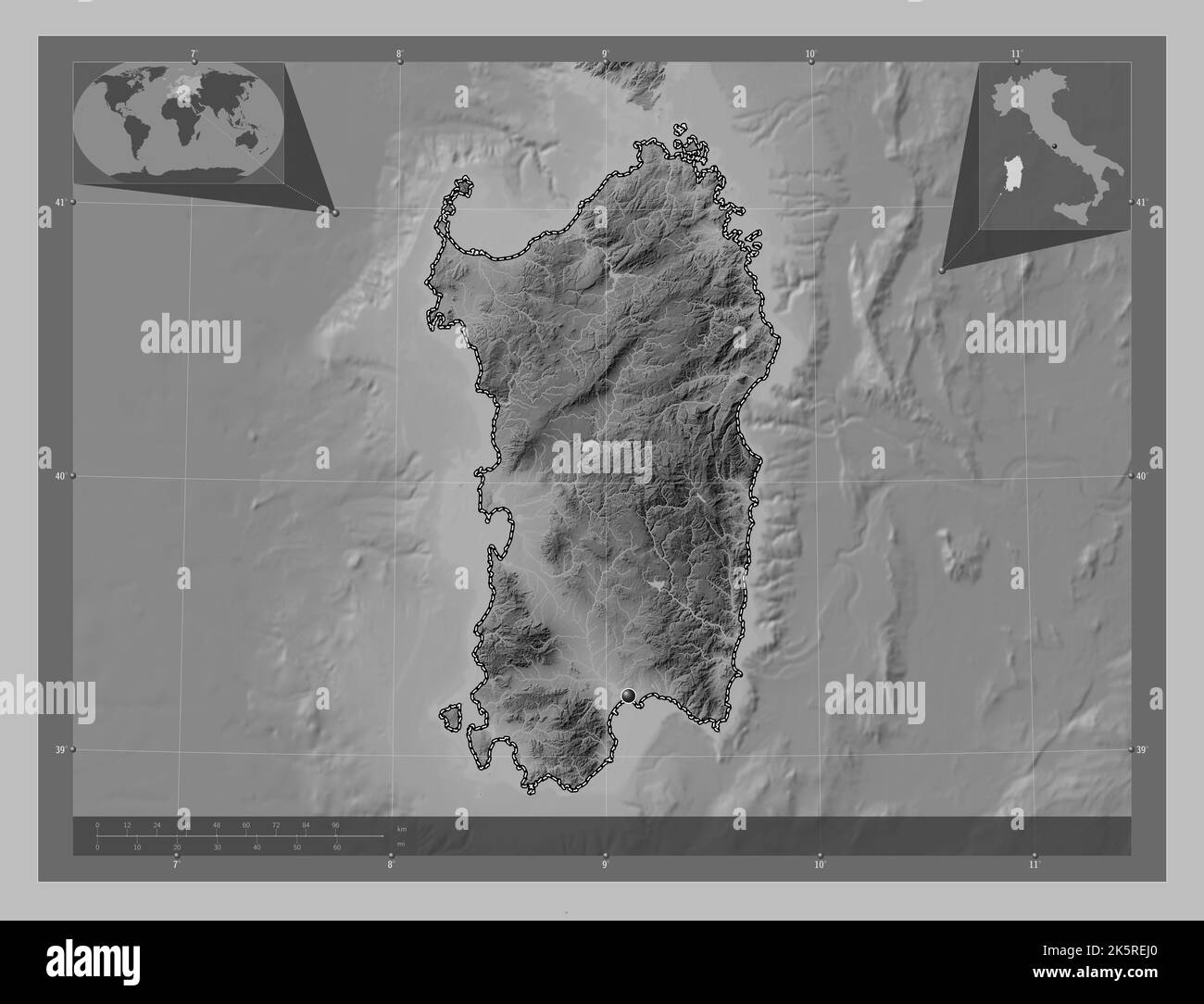 Sardegna, autonomous region of Italy. Grayscale elevation map with ...