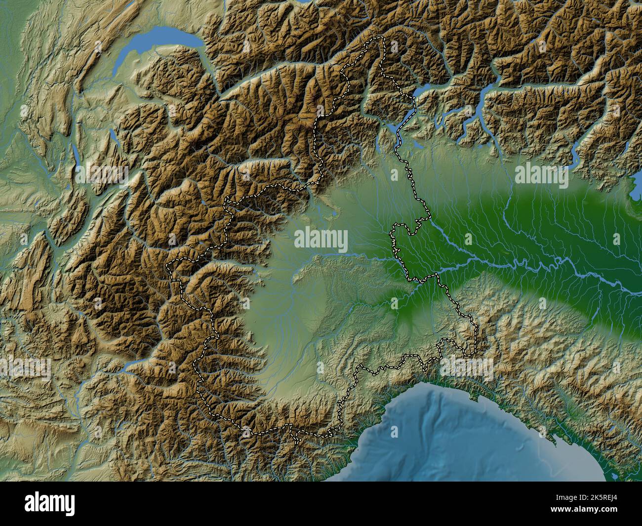 Piemonte, region of Italy. Colored elevation map with lakes and rivers ...