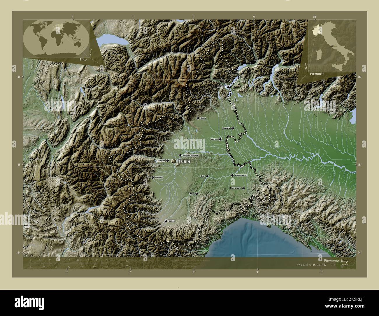 Piemonte, region of Italy. Elevation map colored in wiki style with ...