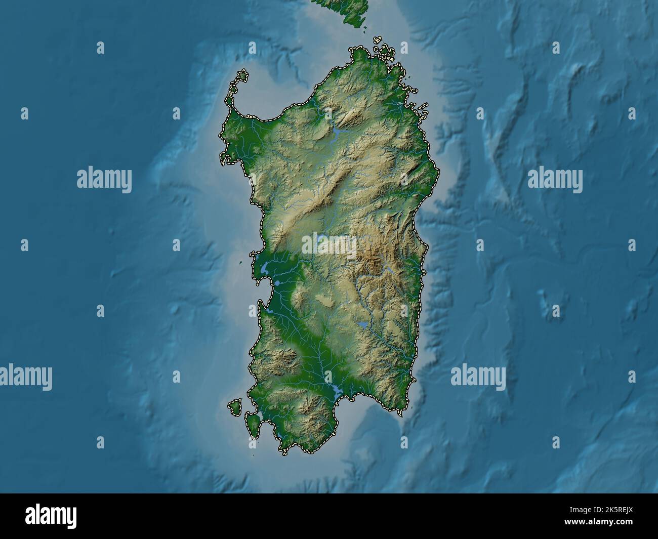 Sardegna, autonomous region of Italy. Colored elevation map with lakes ...