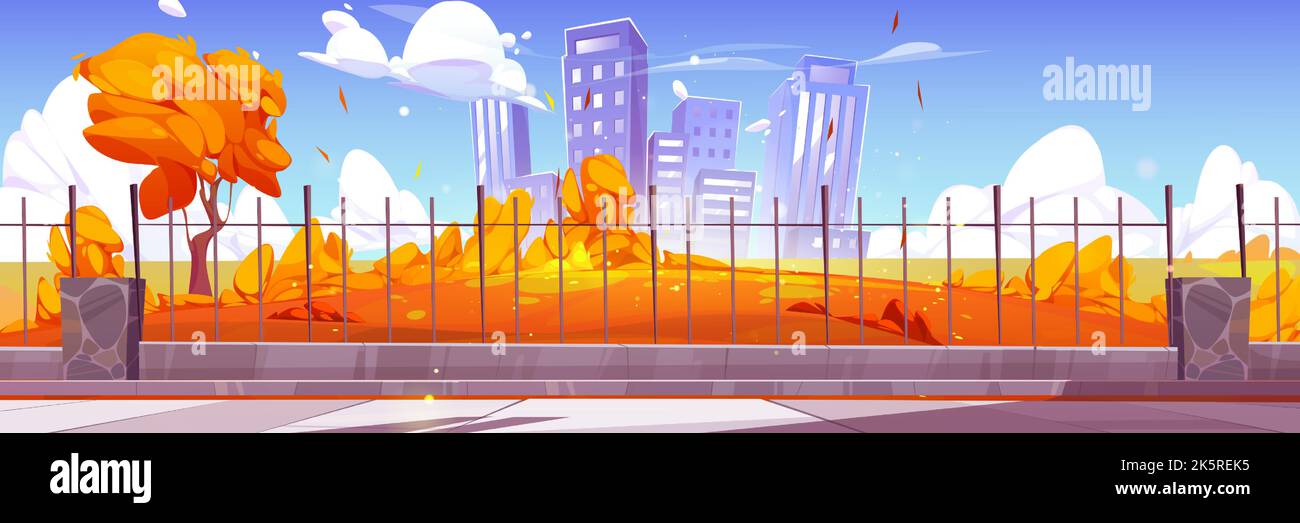 Autumn city skyline, urban background with skyscrapers, orange trees ...