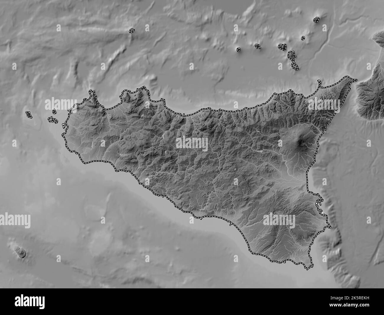 Sicily, autonomous region of Italy. Grayscale elevation map with lakes ...