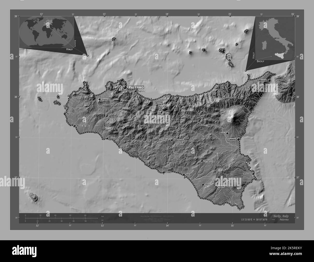 Sicily, autonomous region of Italy. Bilevel elevation map with lakes ...