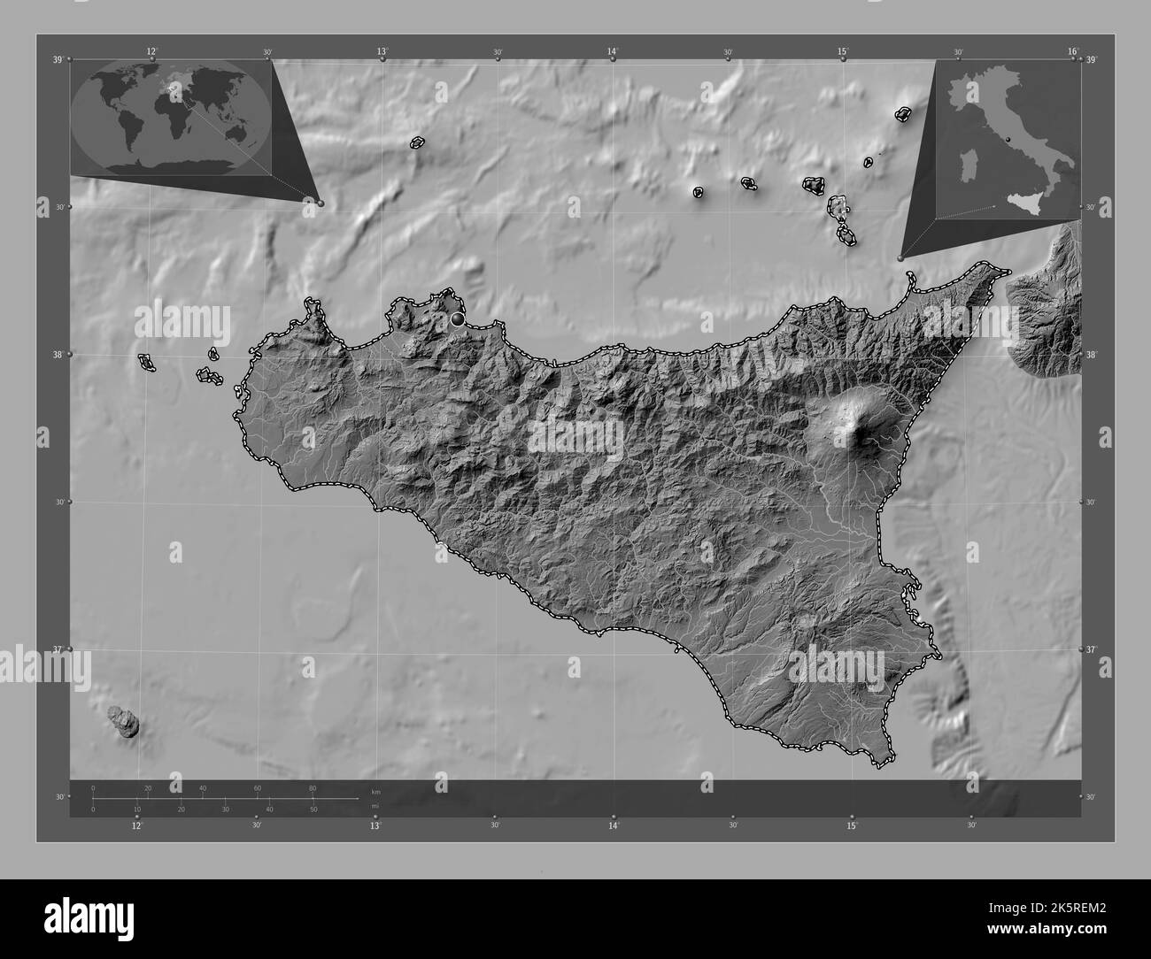 Sicily, autonomous region of Italy. Bilevel elevation map with lakes ...