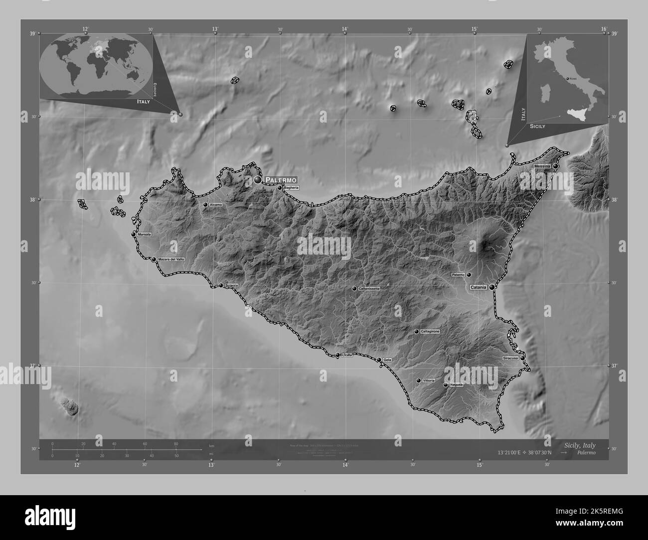 Sicily, autonomous region of Italy. Grayscale elevation map with lakes ...