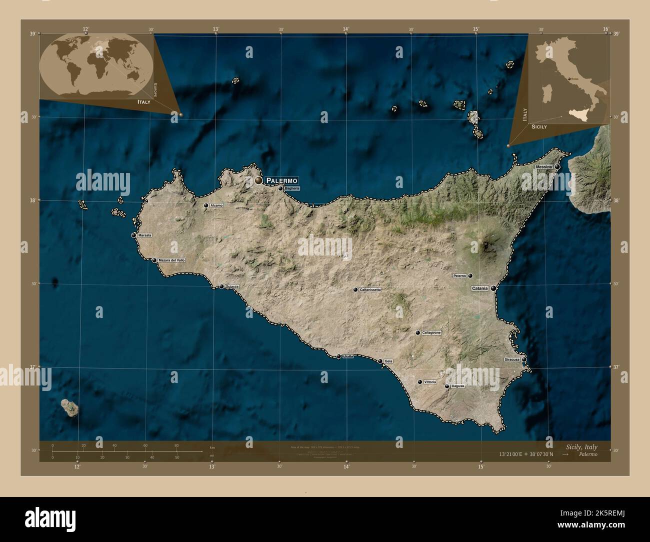 Sicily, autonomous region of Italy. Low resolution satellite map ...