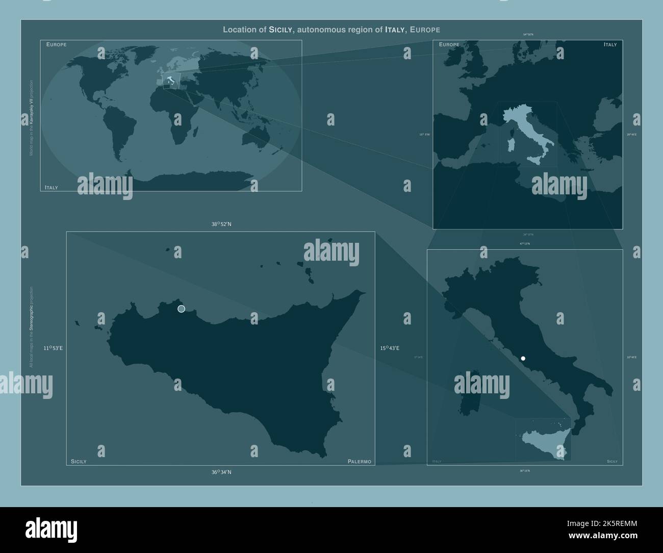 Sicily, autonomous region of Italy. Diagram showing the location of the ...