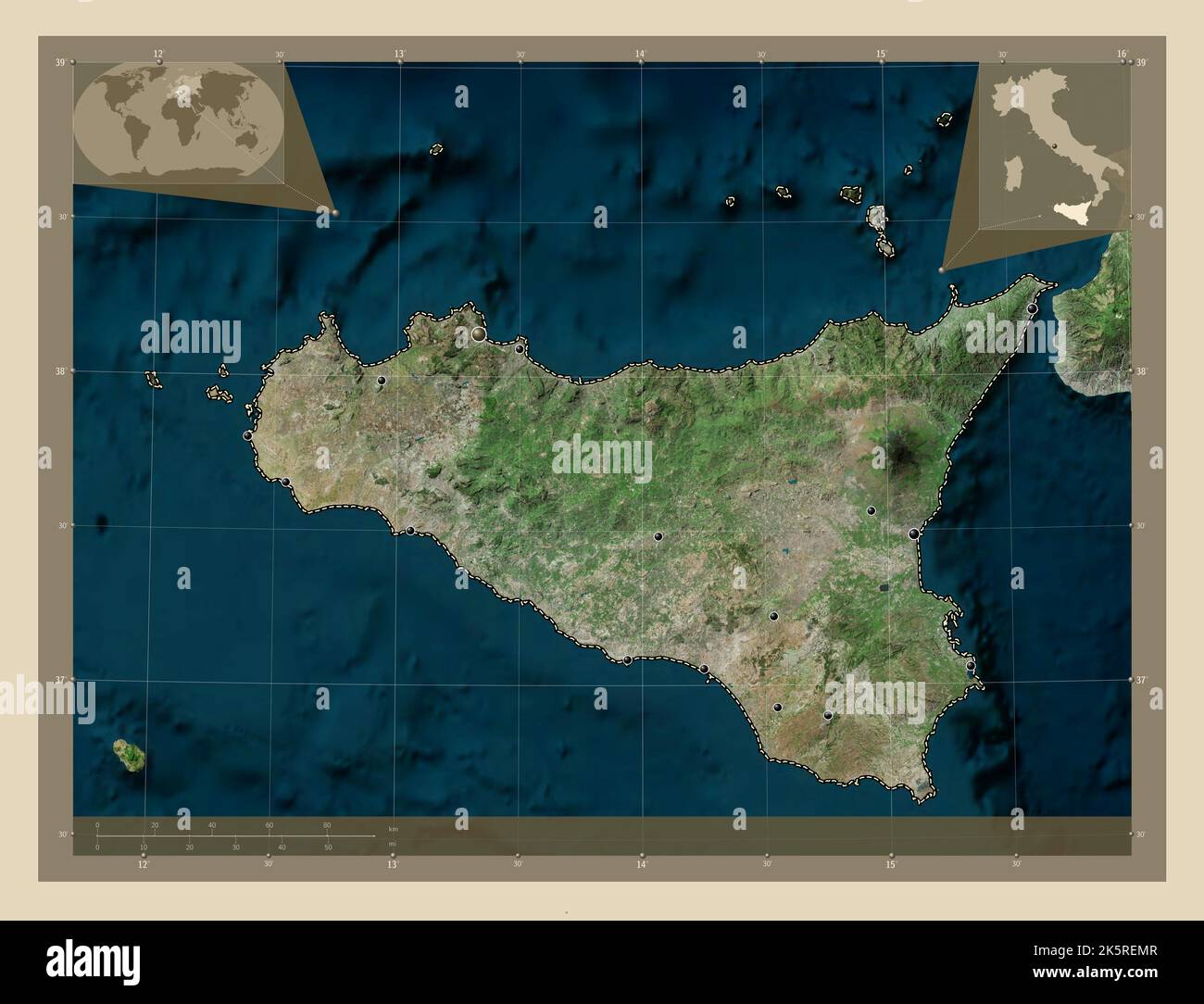 Sicily, autonomous region of Italy. High resolution satellite map ...