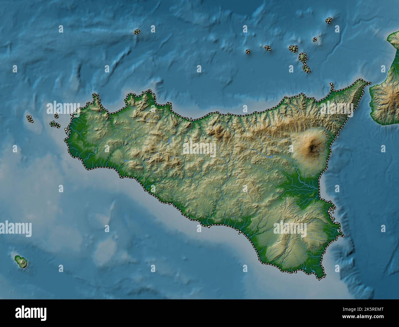 Sicily, autonomous region of Italy. Colored elevation map with lakes ...