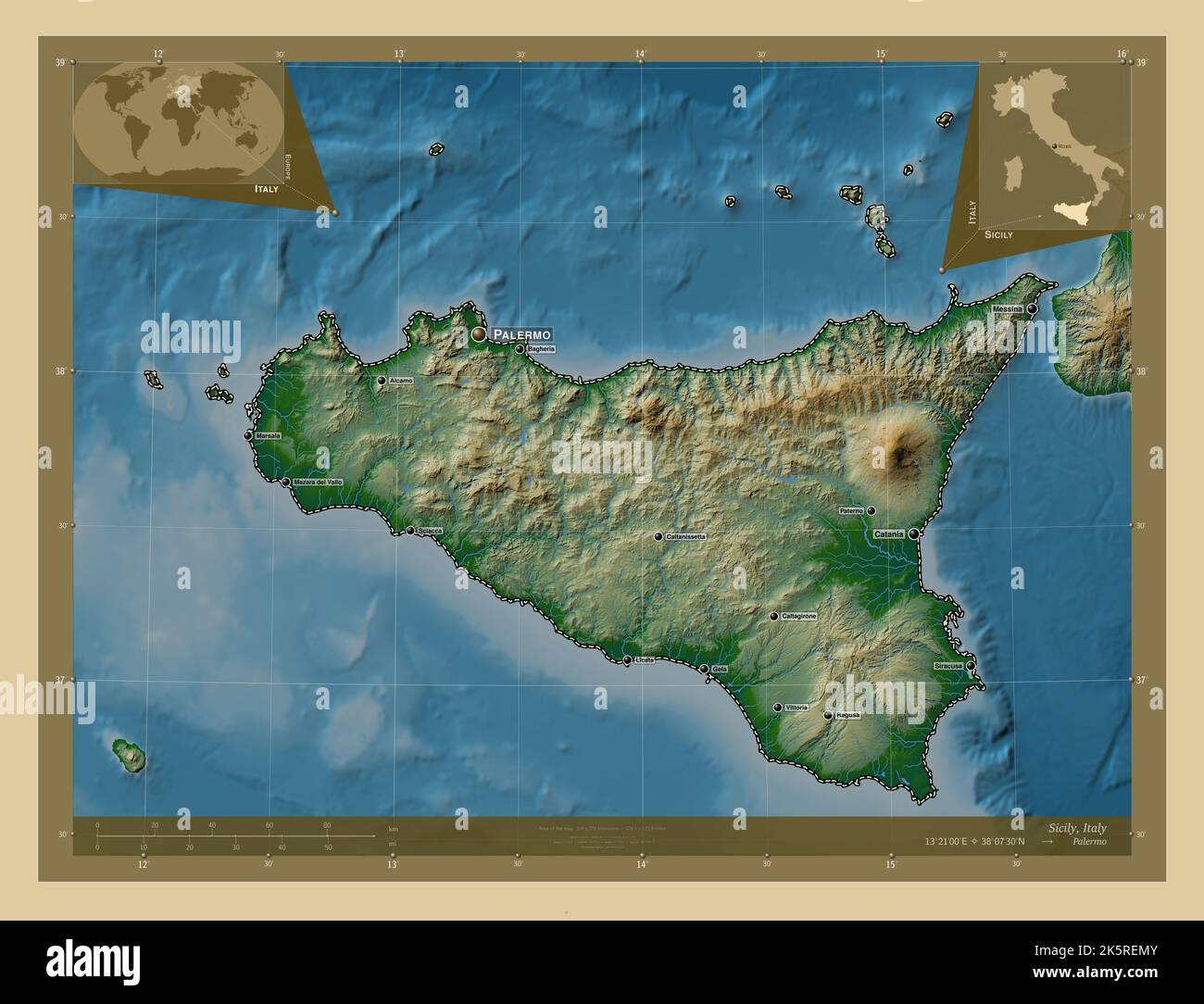 Sicily, autonomous region of Italy. Colored elevation map with lakes ...