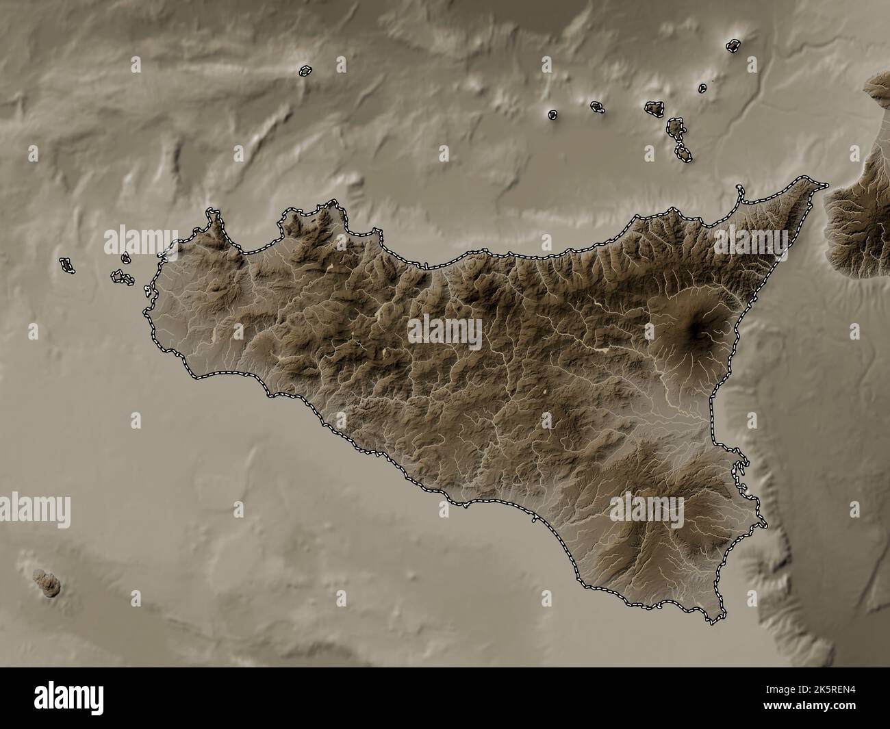 Sicily, autonomous region of Italy. Elevation map colored in sepia ...