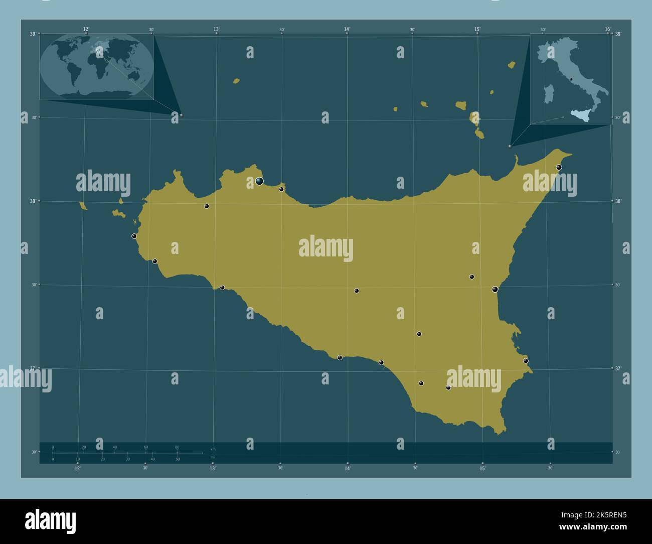 Sicily, autonomous region of Italy. Solid color shape. Locations of ...