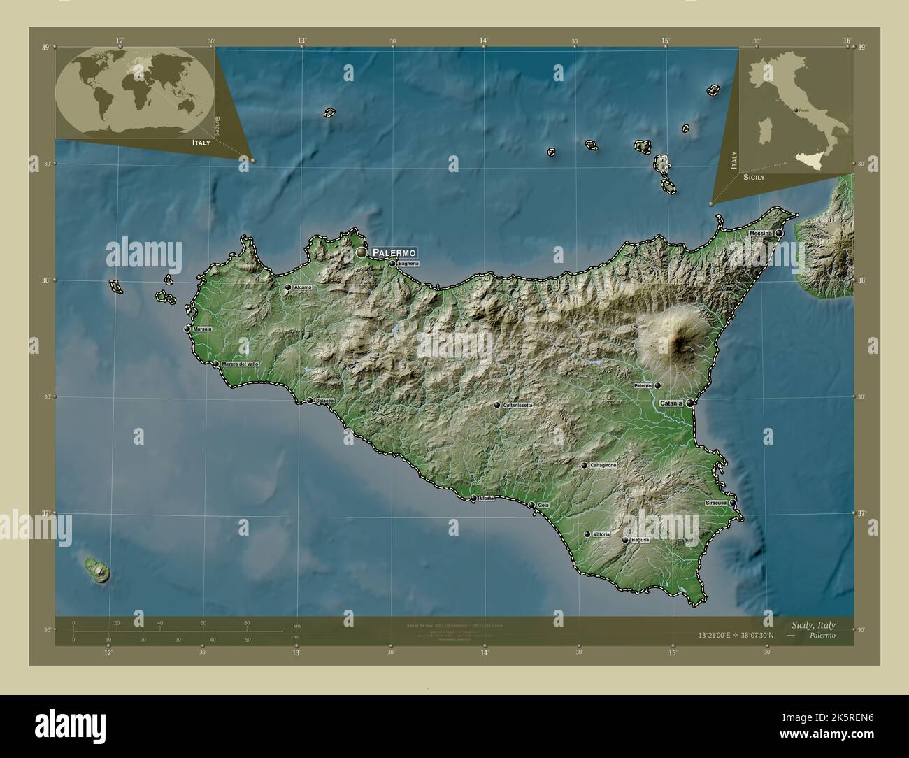 Sicily, autonomous region of Italy. Elevation map colored in wiki style ...