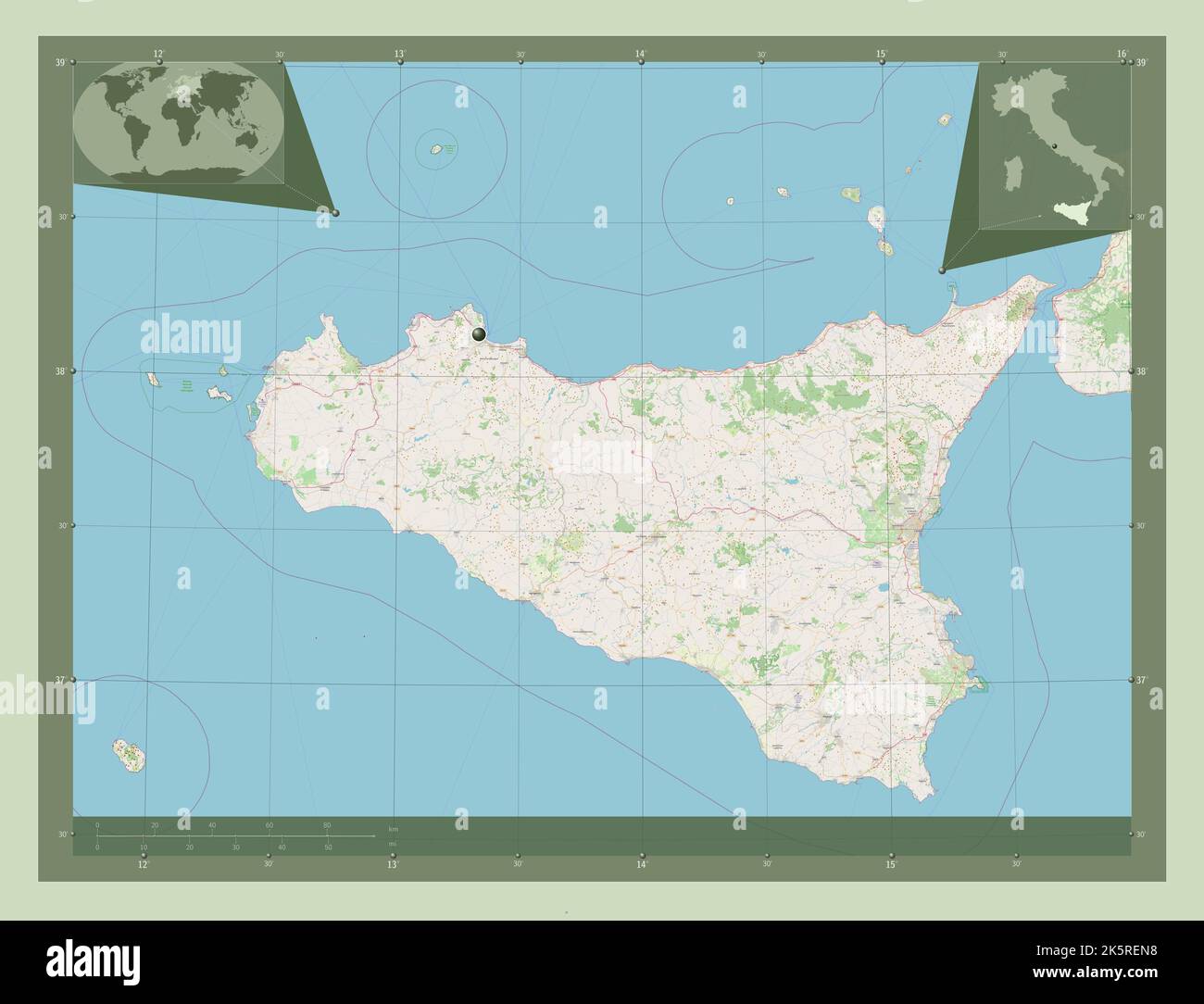 Sicily, autonomous region of Italy. Open Street Map. Corner auxiliary ...