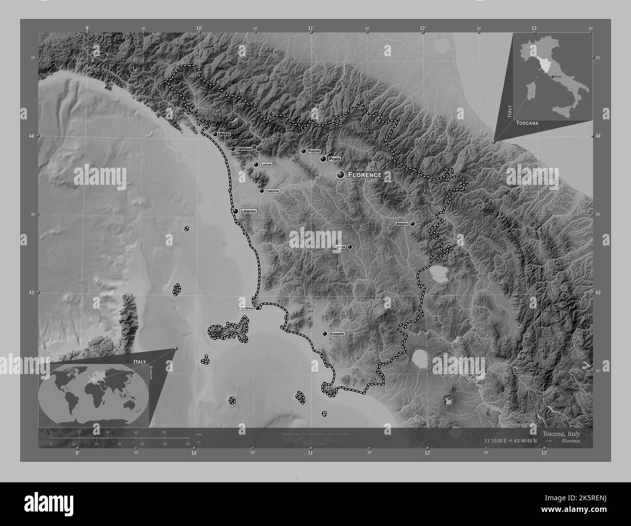Toscana, region of Italy. Grayscale elevation map with lakes and rivers ...