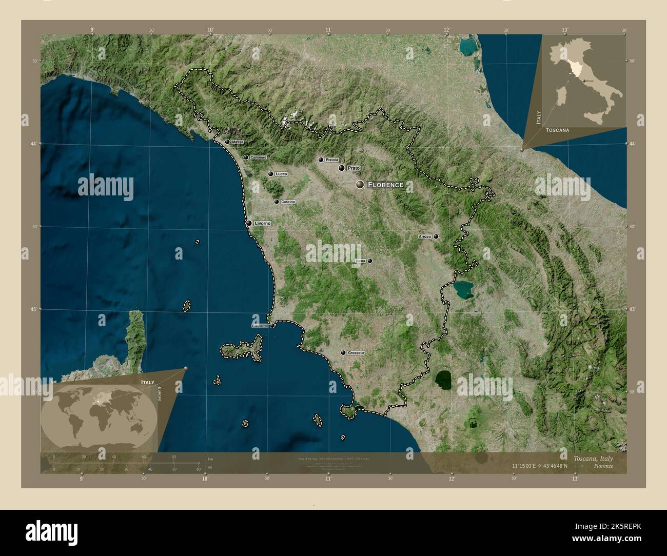 Toscana, region of Italy. High resolution satellite map. Locations and ...