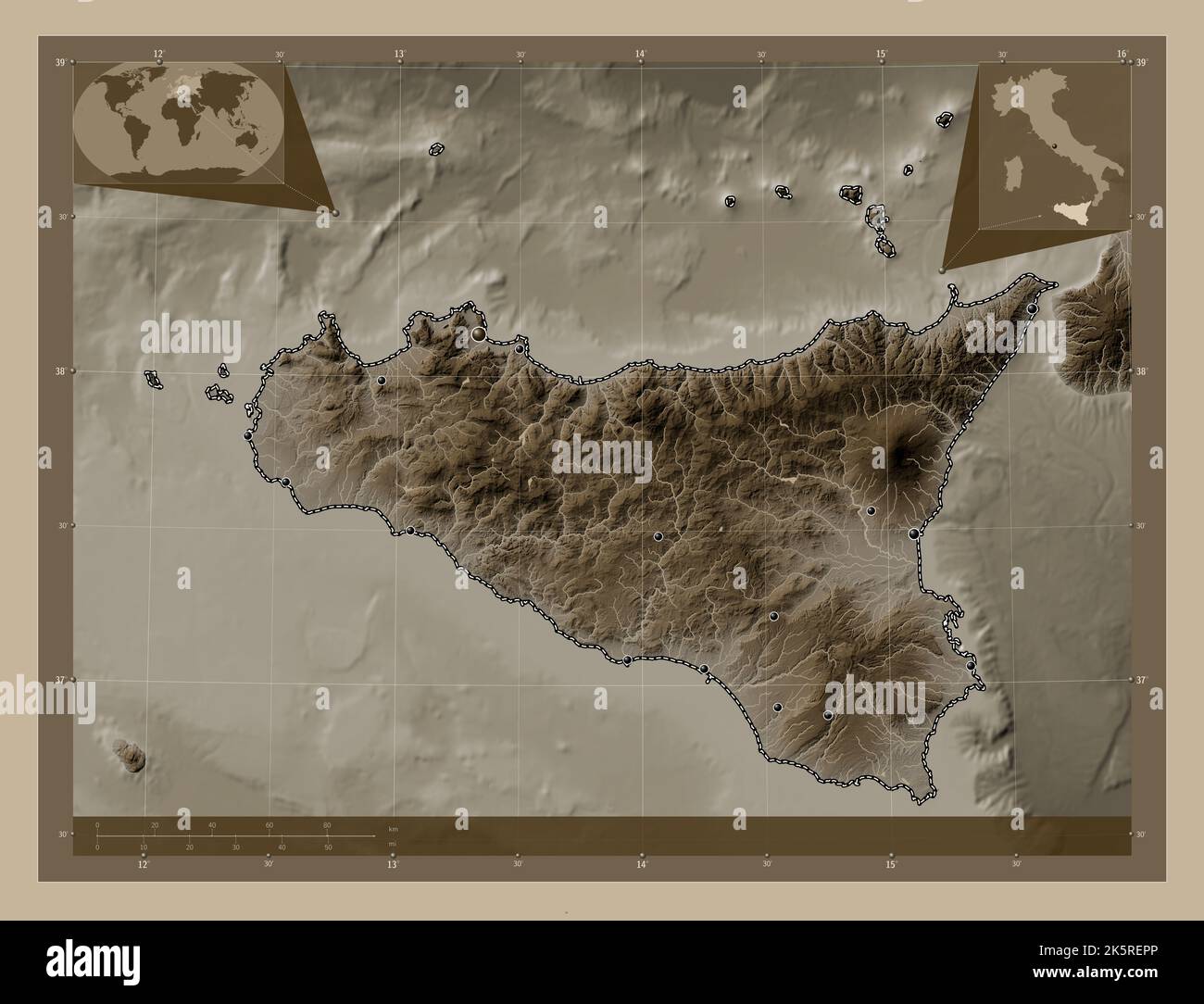 Sicily, autonomous region of Italy. Elevation map colored in sepia ...