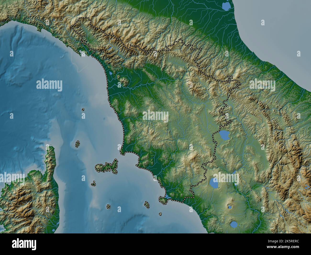 Toscana, region of Italy. Colored elevation map with lakes and rivers ...