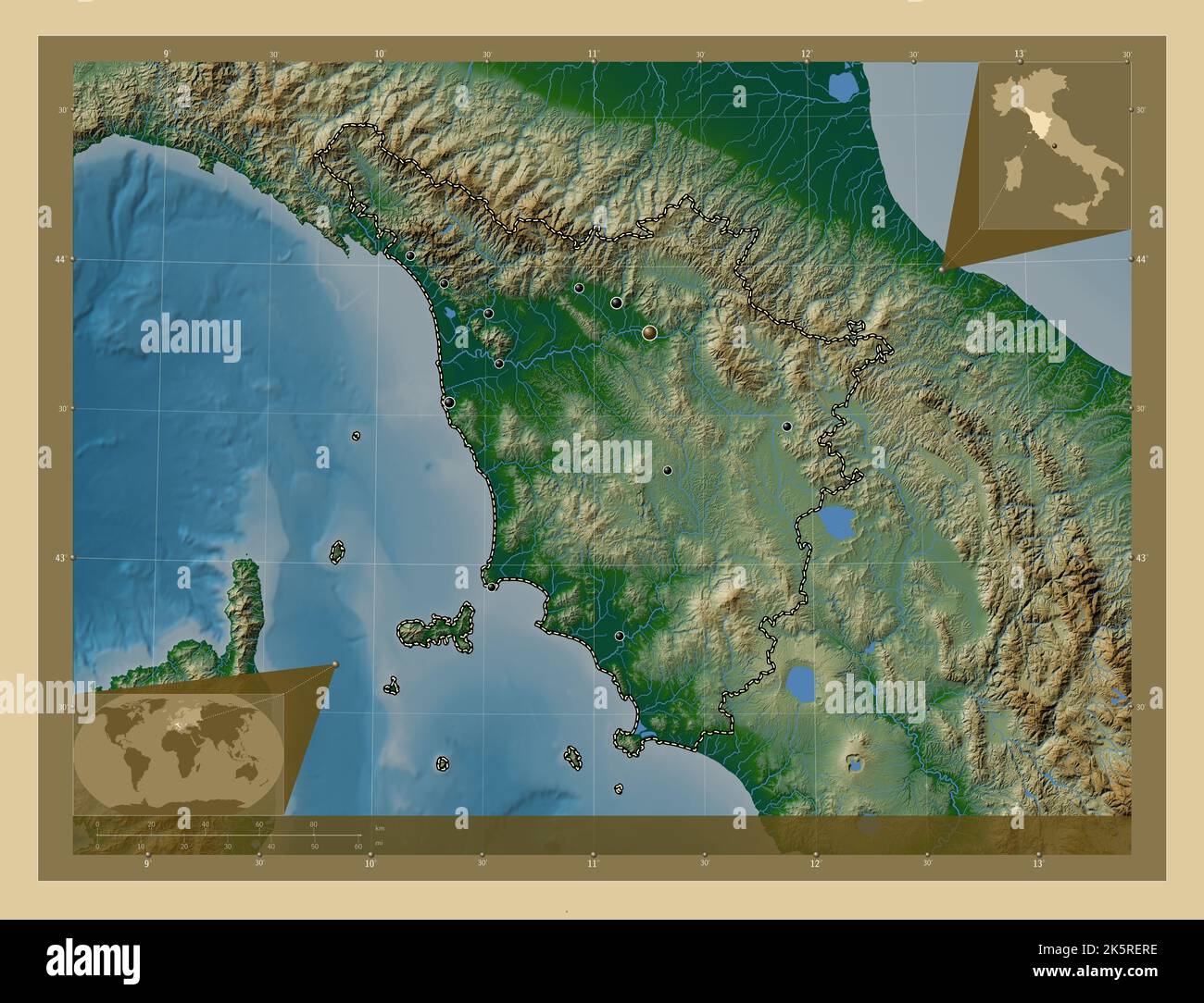 Toscana, region of Italy. Colored elevation map with lakes and rivers ...
