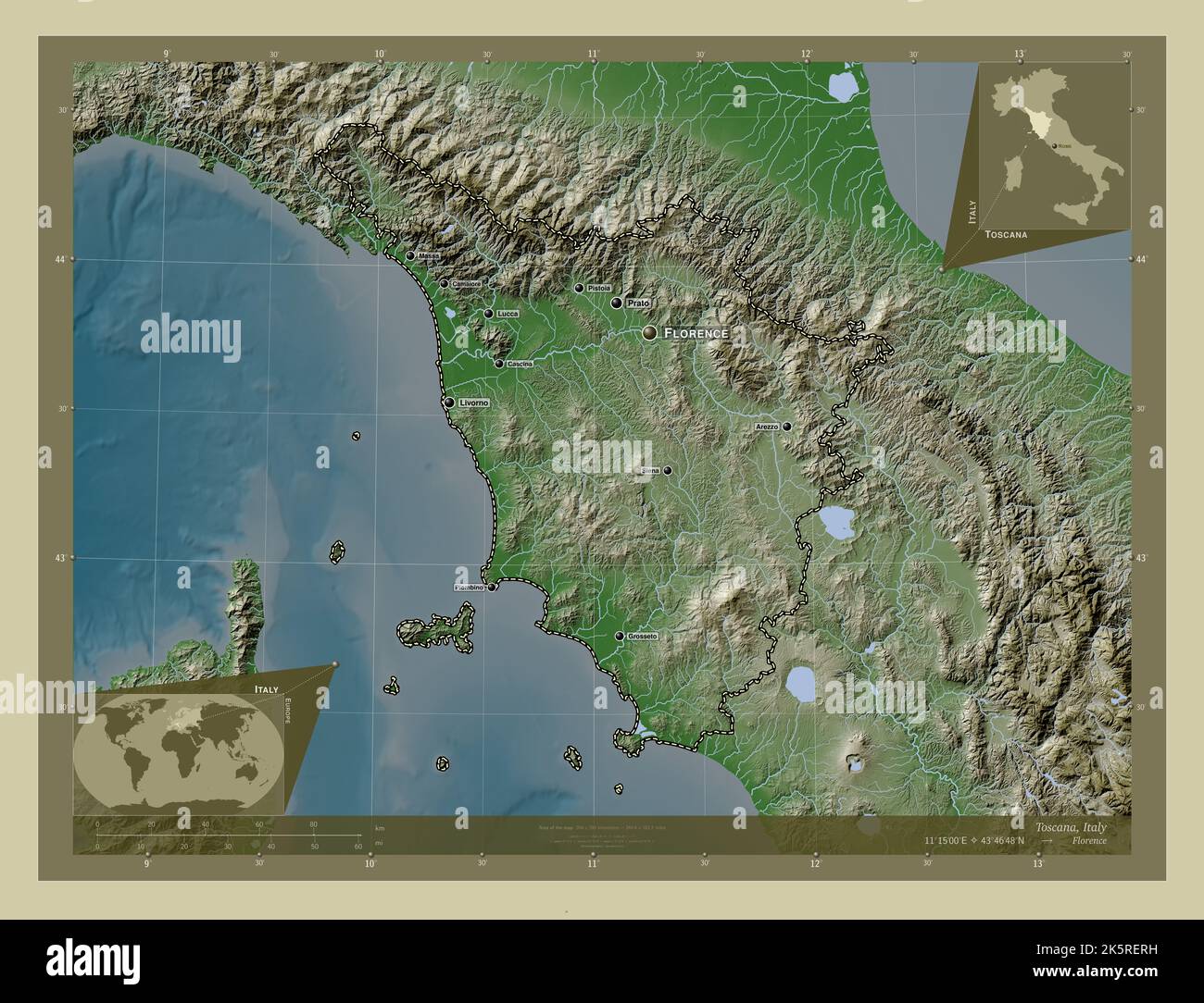 Toscana, region of Italy. Elevation map colored in wiki style with ...