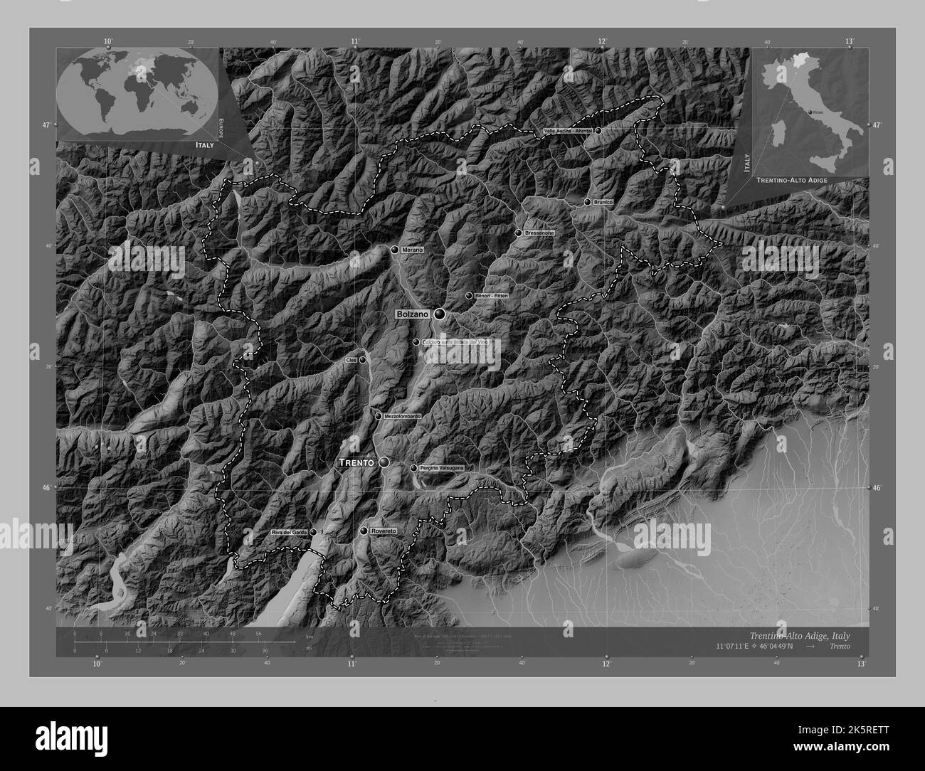 Trentino-Alto Adige, autonomous region of Italy. Grayscale elevation ...