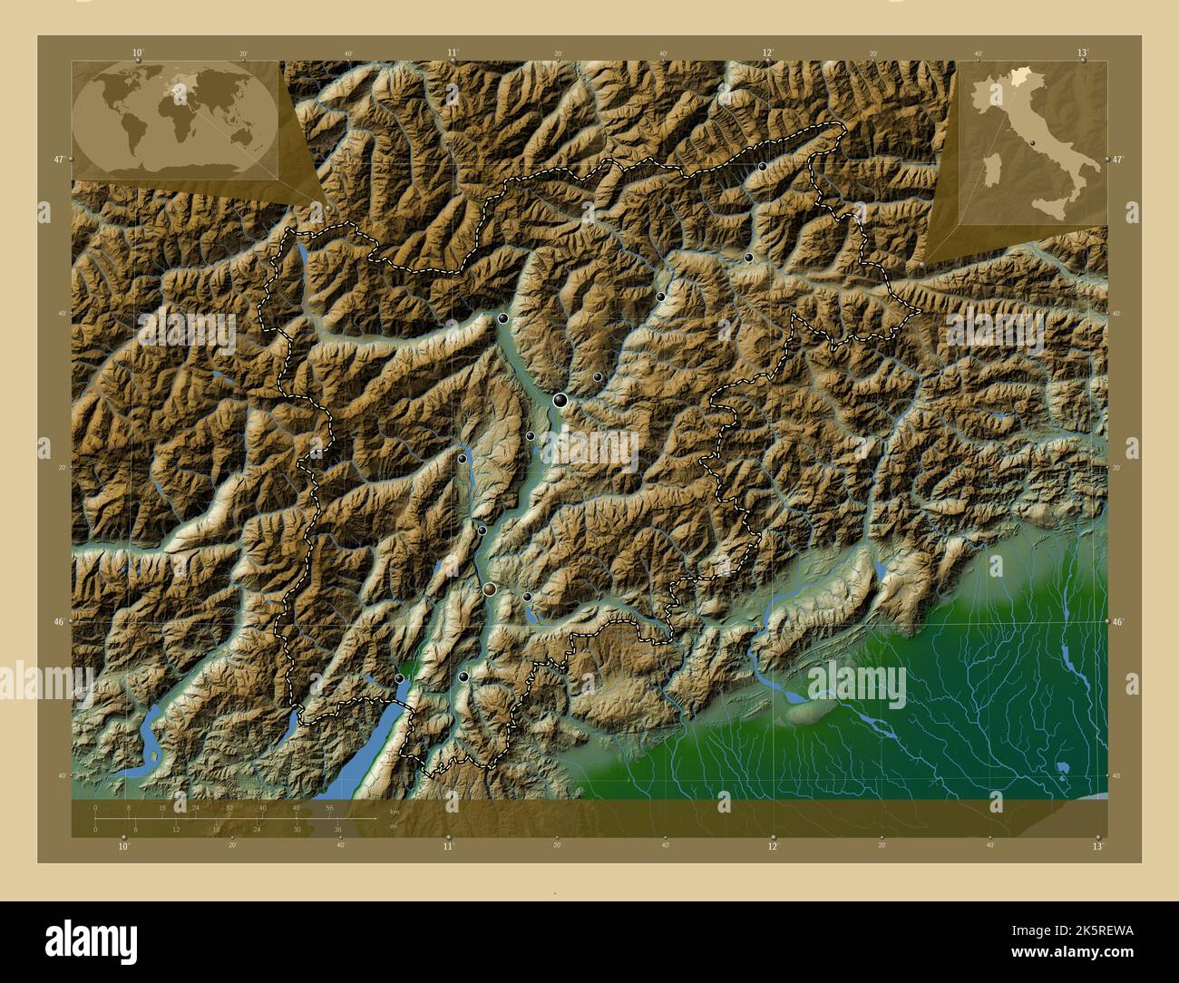 Trentino-Alto Adige, autonomous region of Italy. Colored elevation map ...