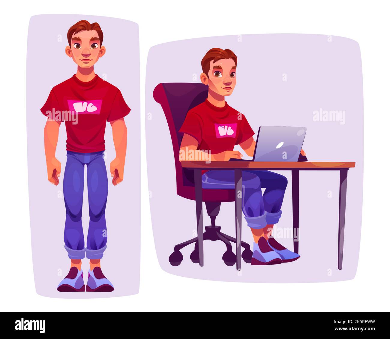 Man character standing and sitting with laptop. Vector cartoon ...