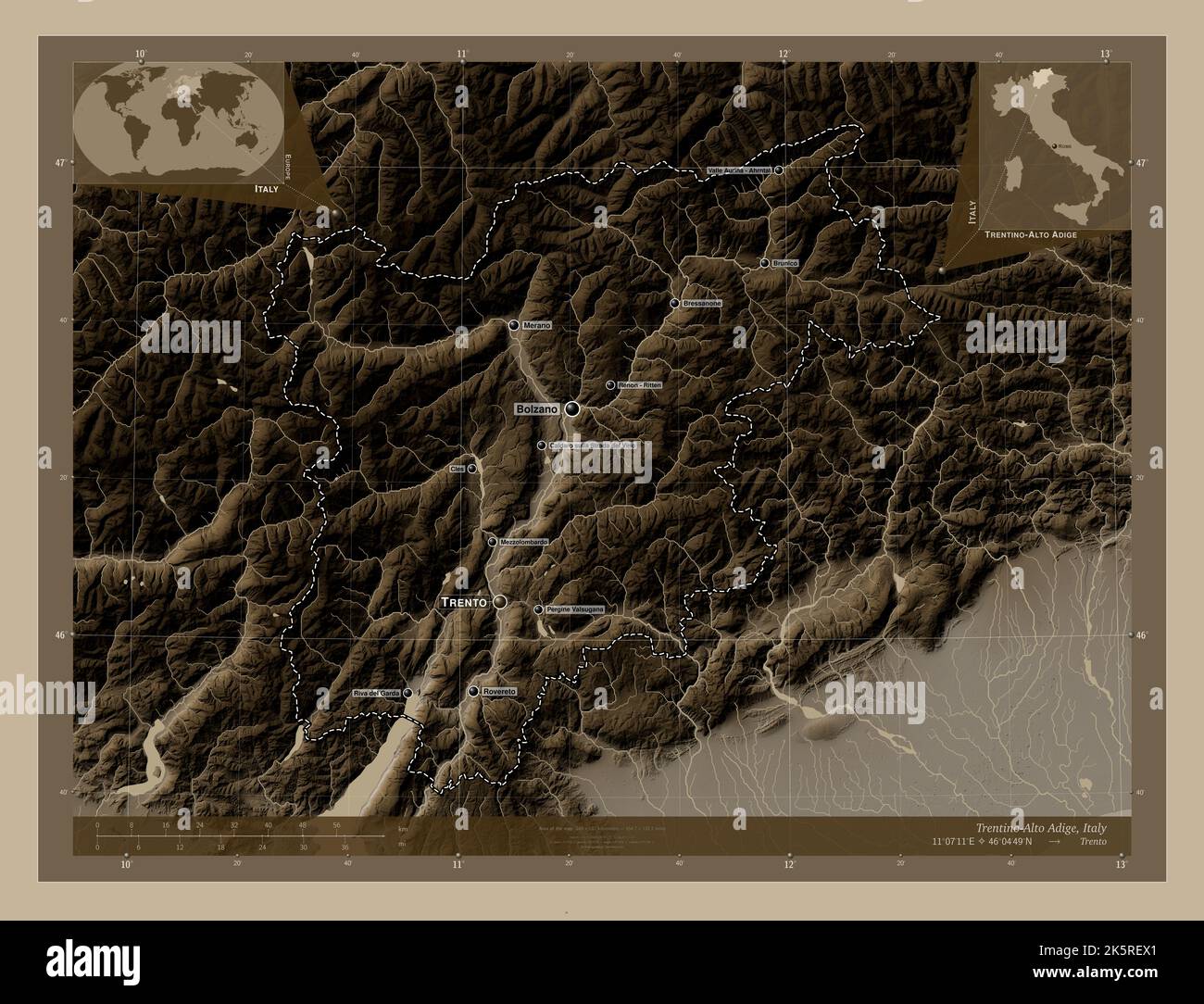 Trentino-Alto Adige, autonomous region of Italy. Elevation map colored ...