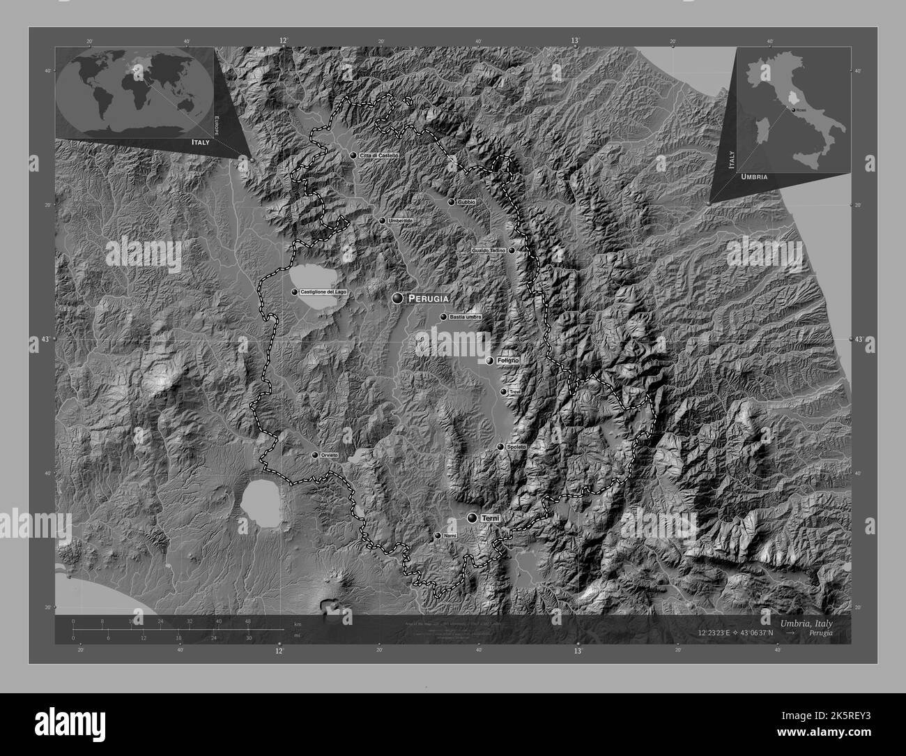 Umbria, region of Italy. Bilevel elevation map with lakes and rivers ...
