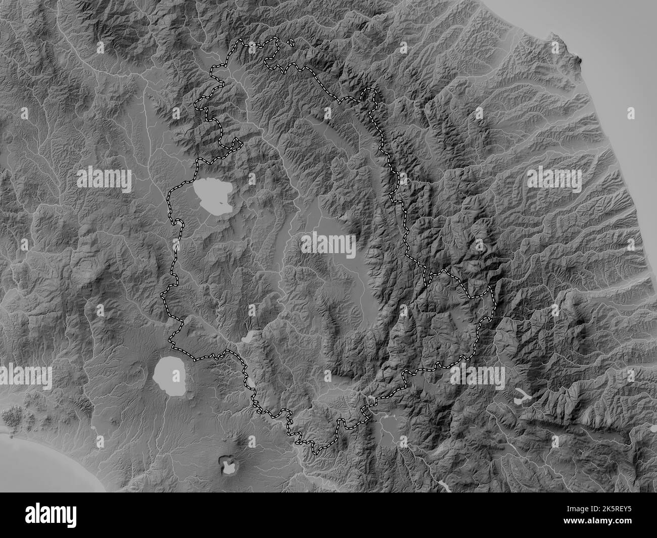 Umbria, region of Italy. Grayscale elevation map with lakes and rivers ...