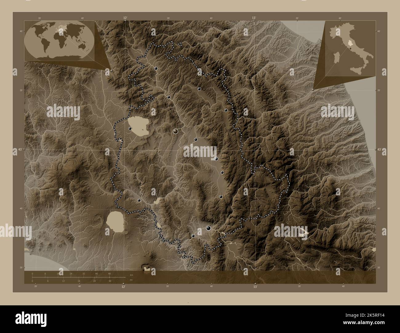 Umbria, region of Italy. Elevation map colored in sepia tones with ...