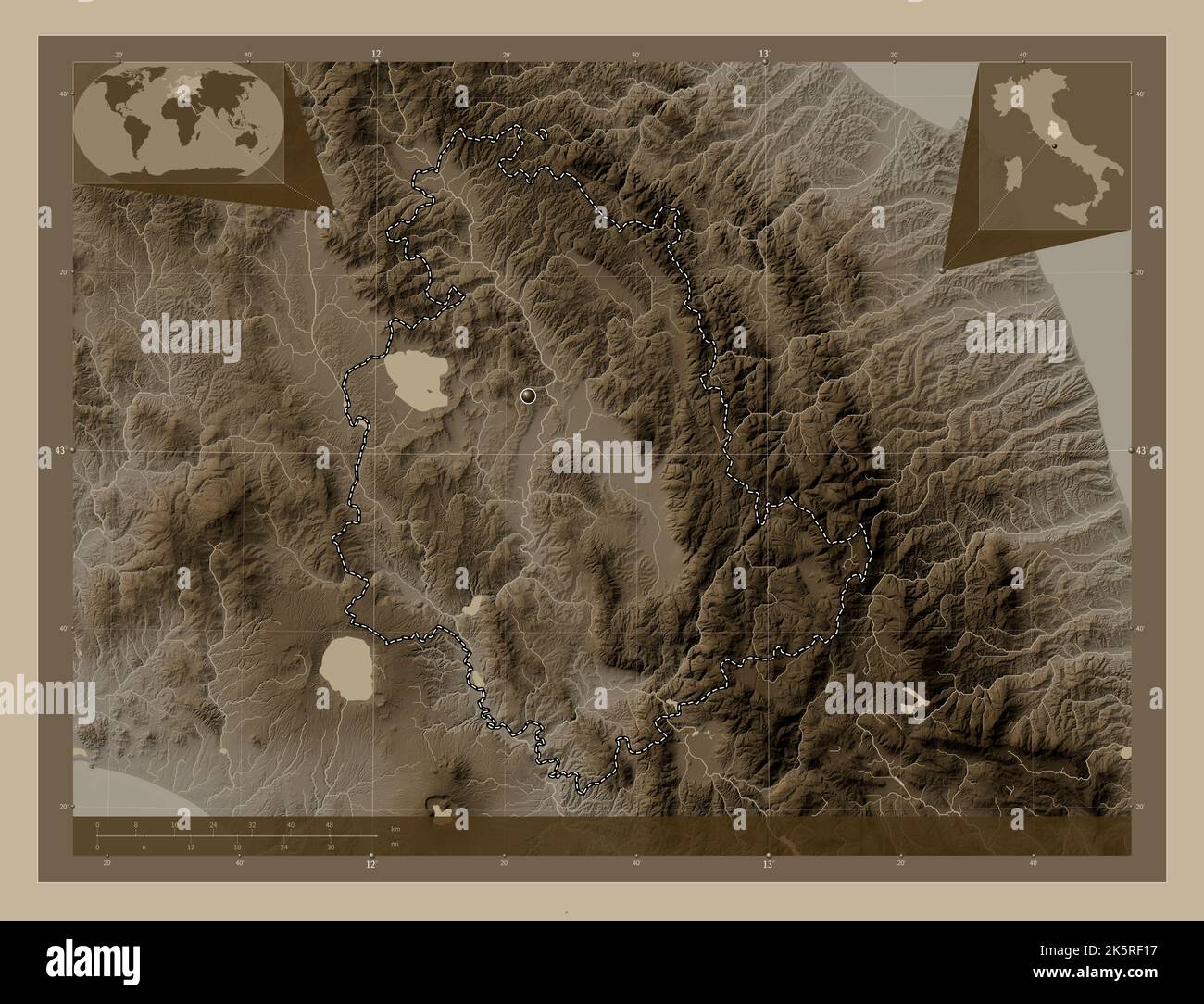 Umbria, region of Italy. Elevation map colored in sepia tones with ...