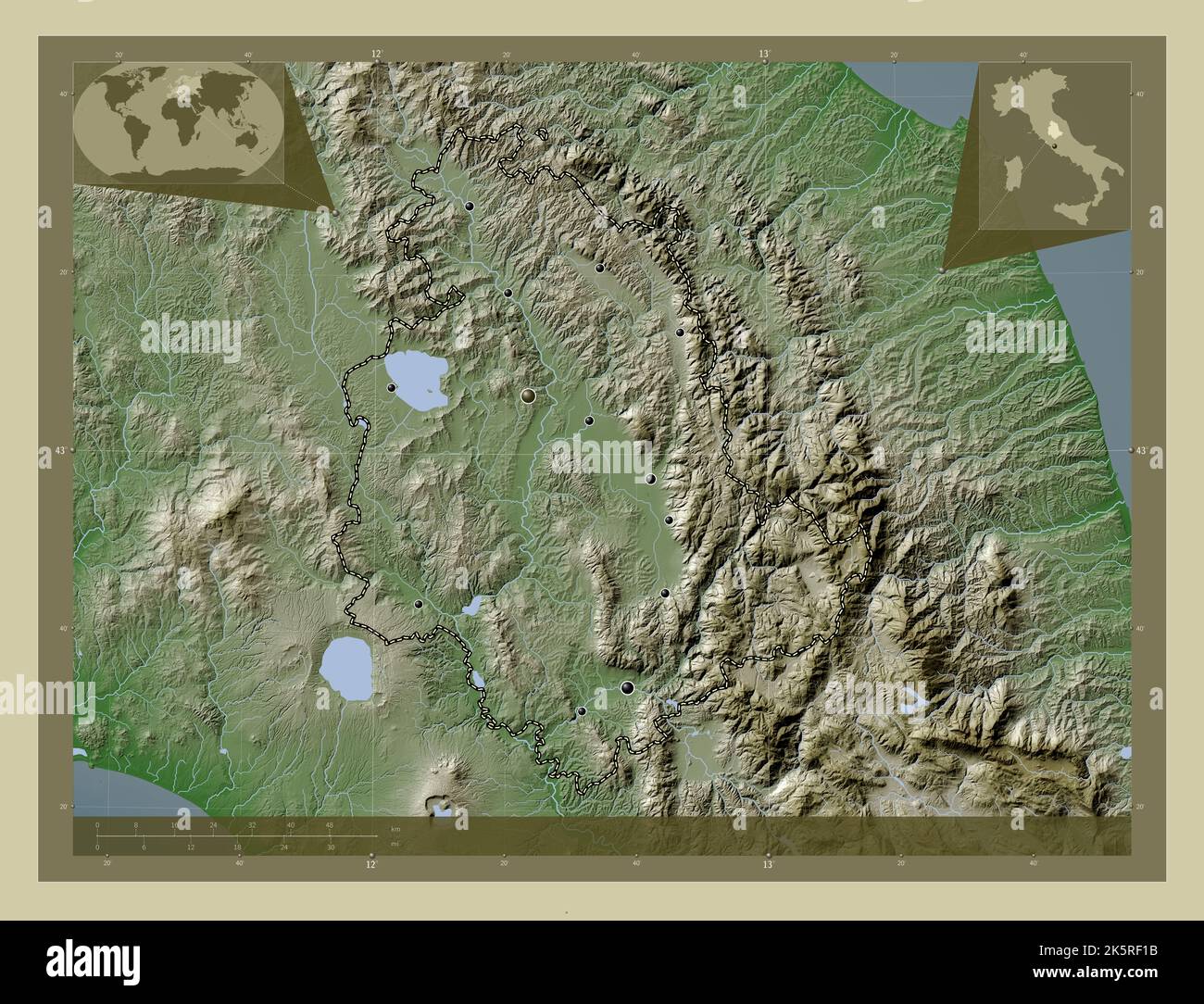 Umbria, region of Italy. Elevation map colored in wiki style with lakes ...
