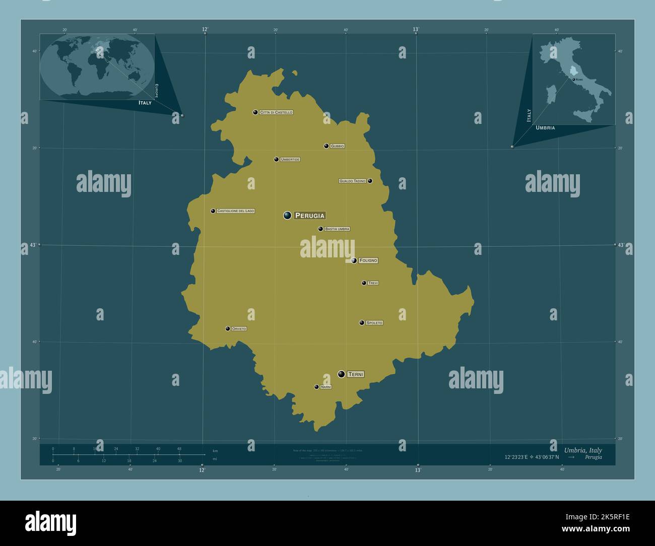 Umbria, region of Italy. Solid color shape. Locations and names of ...